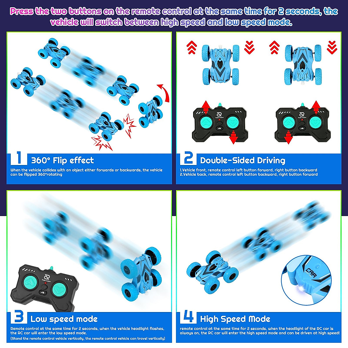 RC Stunt Cars RC Cars with Lights UP 4WD 2.4Ghz Double Sided 360° Rotating RC Truck Cool Surprise for 6 Year Old Boy Gifts Kids Xmas Toy Cars for Boys Girls(Blue)