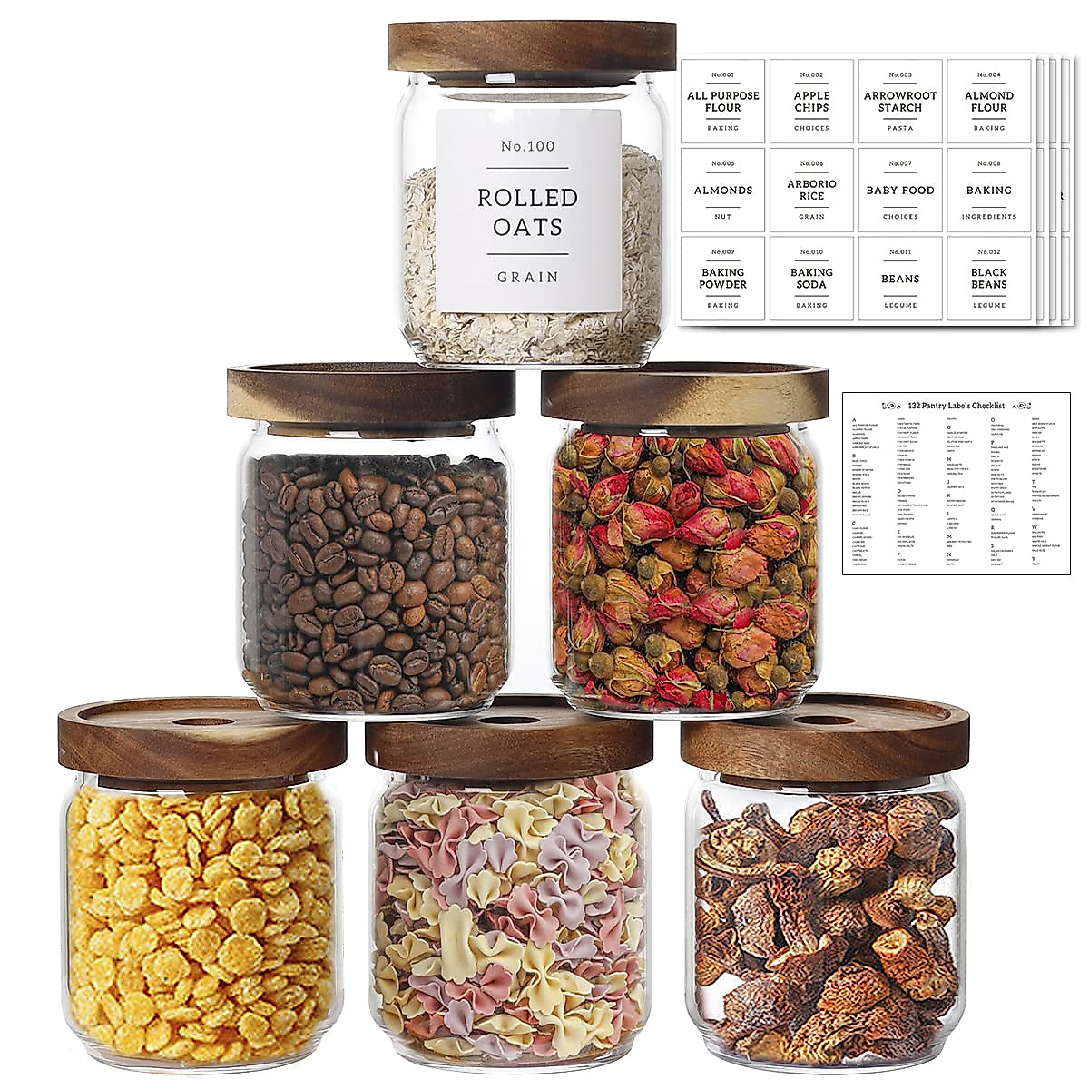16 OZ Stackable Glass Food Storage Jars with 132 Pantry Labels Preprinted - 6 Pcs Thicken Glass Storage Containers with Airtight Acacia Lid - Clear Kitchen Canister for Spice, Tea, Coffee, Sugar