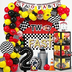 126 PCs Two Fast Birthday Decorations, Fiesec Race Car Theme 2nd Party Decorations Backdrop Balloon Garland Arch Banner Box Cutout Cake Topper Crown Poster Checked Flag Trophy Black Red