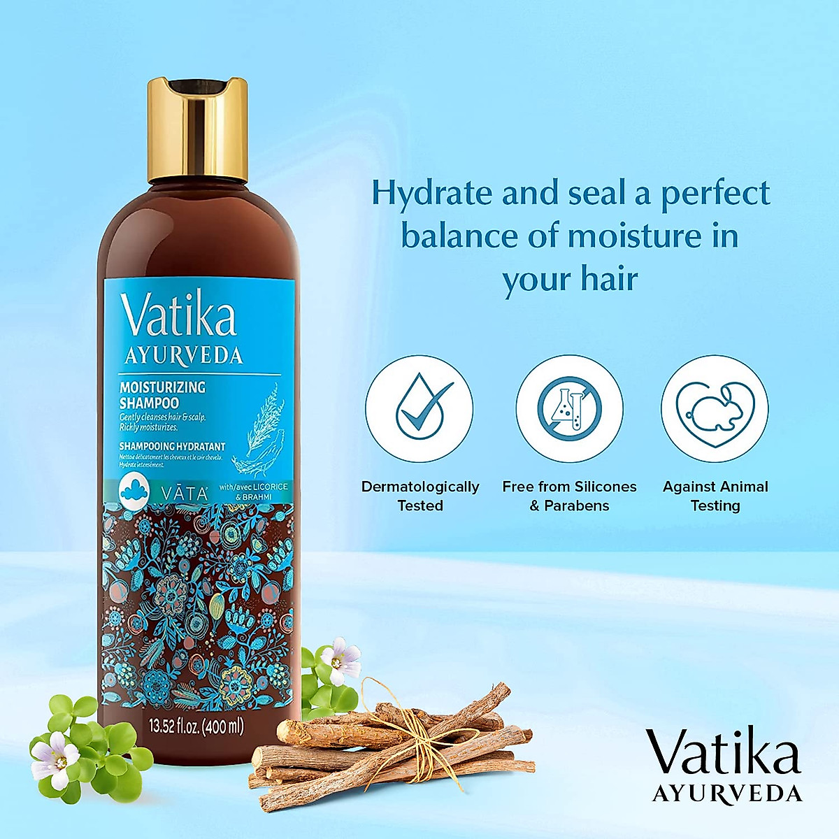 Vatika Ayurveda Moisturizing Shampoo For Dry, Damaged, Frizzy and Curly Hair, Deep Hydration & Moisture For Scalp and Hair Health - Natural Oils from Licorice Root & Bacopa Monnieri, 400 ml (For Vatā)