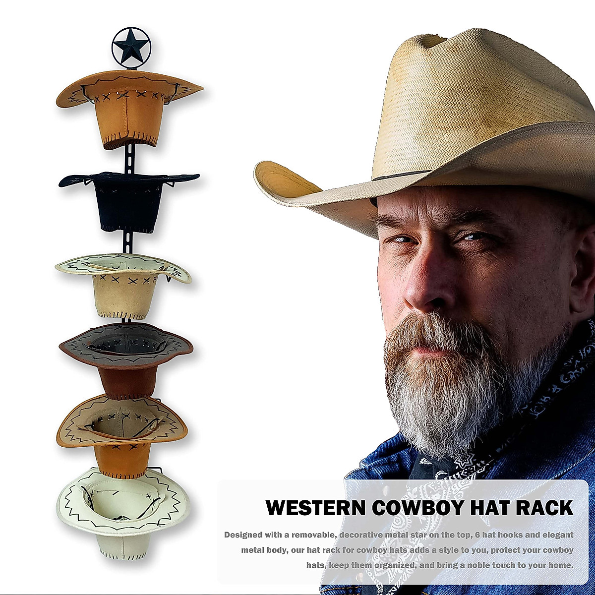 Dancenser Cowboy Hat Rack for Wall, 6 Pieces Cowboy Hat Holder, Western Hat Rack for Cowboy Hats with Decorative Star, Rustic Metal Cowboy Hat Wall Storage for Room Western Decor, Black