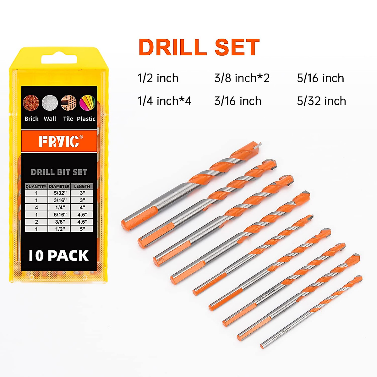 Overlord Punching Masonry Drill Bits Set for Tile, Brick, Cement, Concrete, Glass, Plastic, Cinder Block, Wood, Metal etc,Chrome Plated with Industrial Strength Carbide Tips (10 Pack) by Fryic