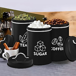 LIANYU 8 Piece Canister for Kitchen Counter, Large Food Kitchen Coffee Tea Sugar Metal Canisters Set with Spoons, Rustic Farmhouse Storage Set, Black