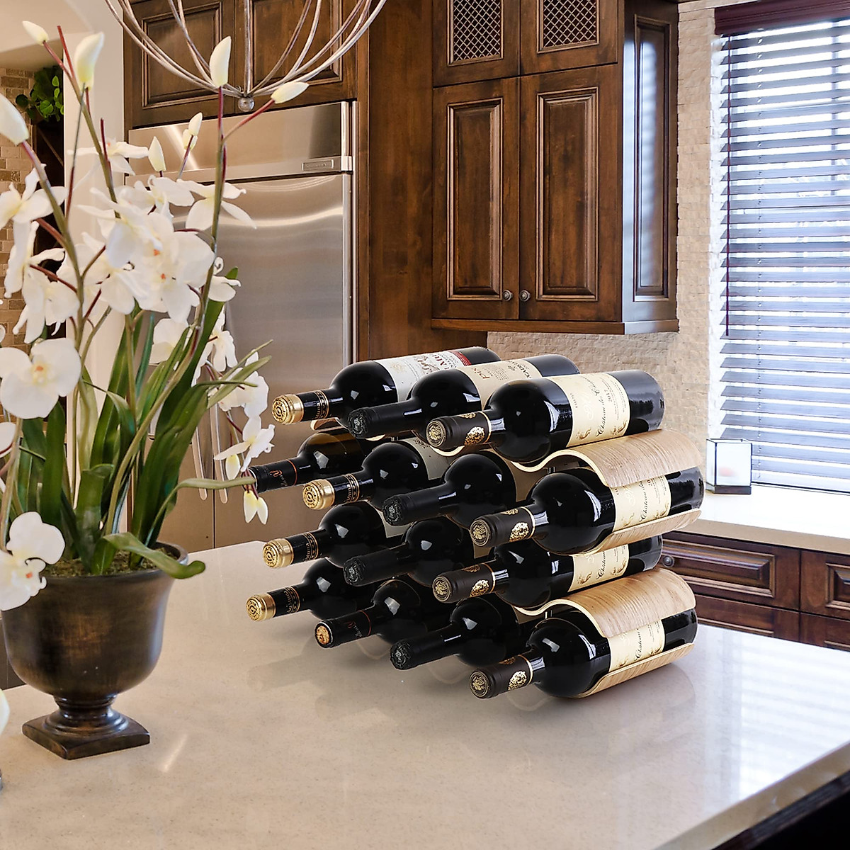 Bamboo Wave Wine Rack, Wine Bottle Stand, 14 Bottles Wine Holder Organizer for Cabinet, Table, Pantry,Wine Cellar, Elegant and Modern Rack,Wooden Wave Wine Rack,Table Top Wine Storage,Wave Wine Rack