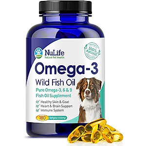 Pure Omega 3 Fish Oil for Dogs, Wild Caught from Iceland, Skin and Coat Supplement for Shedding, Dry Itchy Skin and Allergies, Rich in EPA + DHA with Omega 3, 6 & 9 Fatty Acids, 1000mg, 180 Capsules