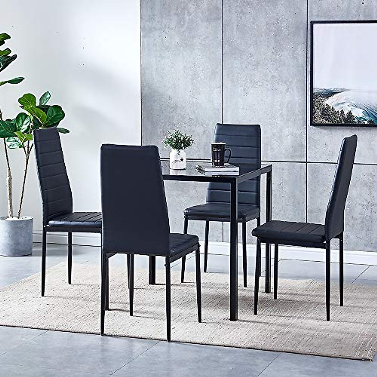Set of 5 Dining Table Chair Set, Black Glass Square Dining Table and 4 Black Faux Leather Dining Chairs, Modern Dining Room Set with Metal Legs 5-Piece Kitchen Table Chair Set for Home Restaurant