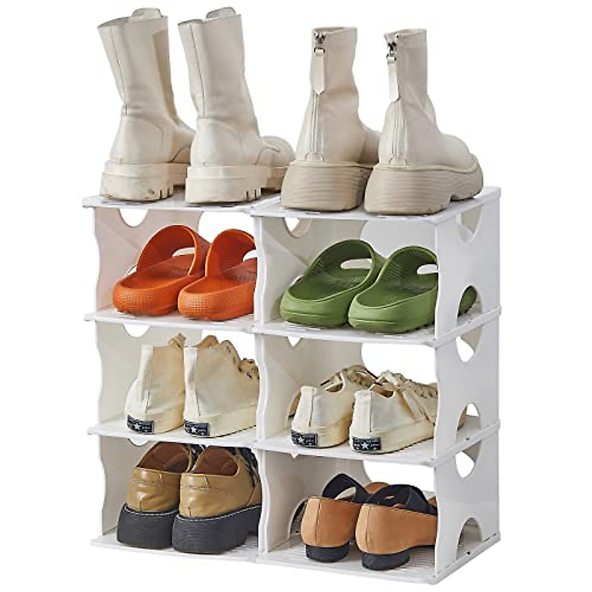 LGAQCOX 2 Pcs of 4 Tier Shoe Rack, Free Standing Shoe Racks for Closet, Free-Combination Narrow Shoe Storage Organizer for Bedroom & Entryway, Space Saver Stackable Shoe Shelf, Easy Assembly,White