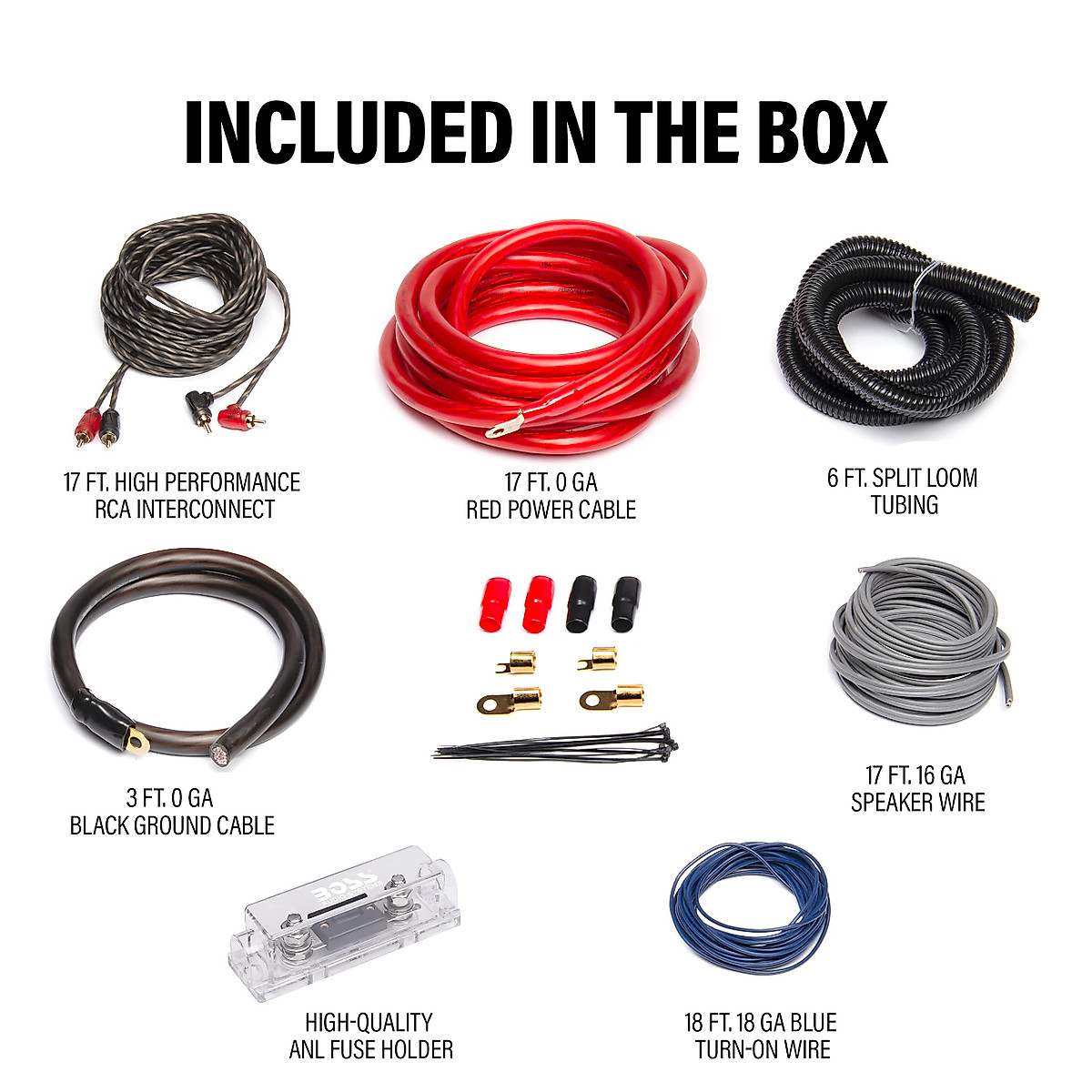 BOSS Audio Systems KIT20 0 Gauge Amplifier Installation Wiring Kit - A Car Amplifier Wiring Kit Helps You Make Connections and Brings Power to Your Radio, Subwoofers and Speakers