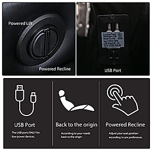 ANJ Power Recliner Chair Set of 3, PU Leather Electric Home Theater Seating with USB Ports and Cup Holders, Black Overstuffed Reclining Furniture with Hidden Arm Storage