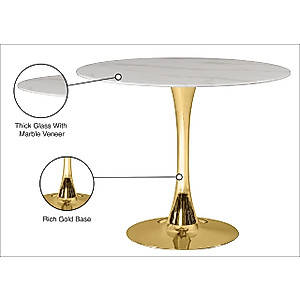 Meridian Furniture Holly Collection Modern | Contemporary Round Faux Marble Top Dining Table, 36" Wide, Gold Metal Base
