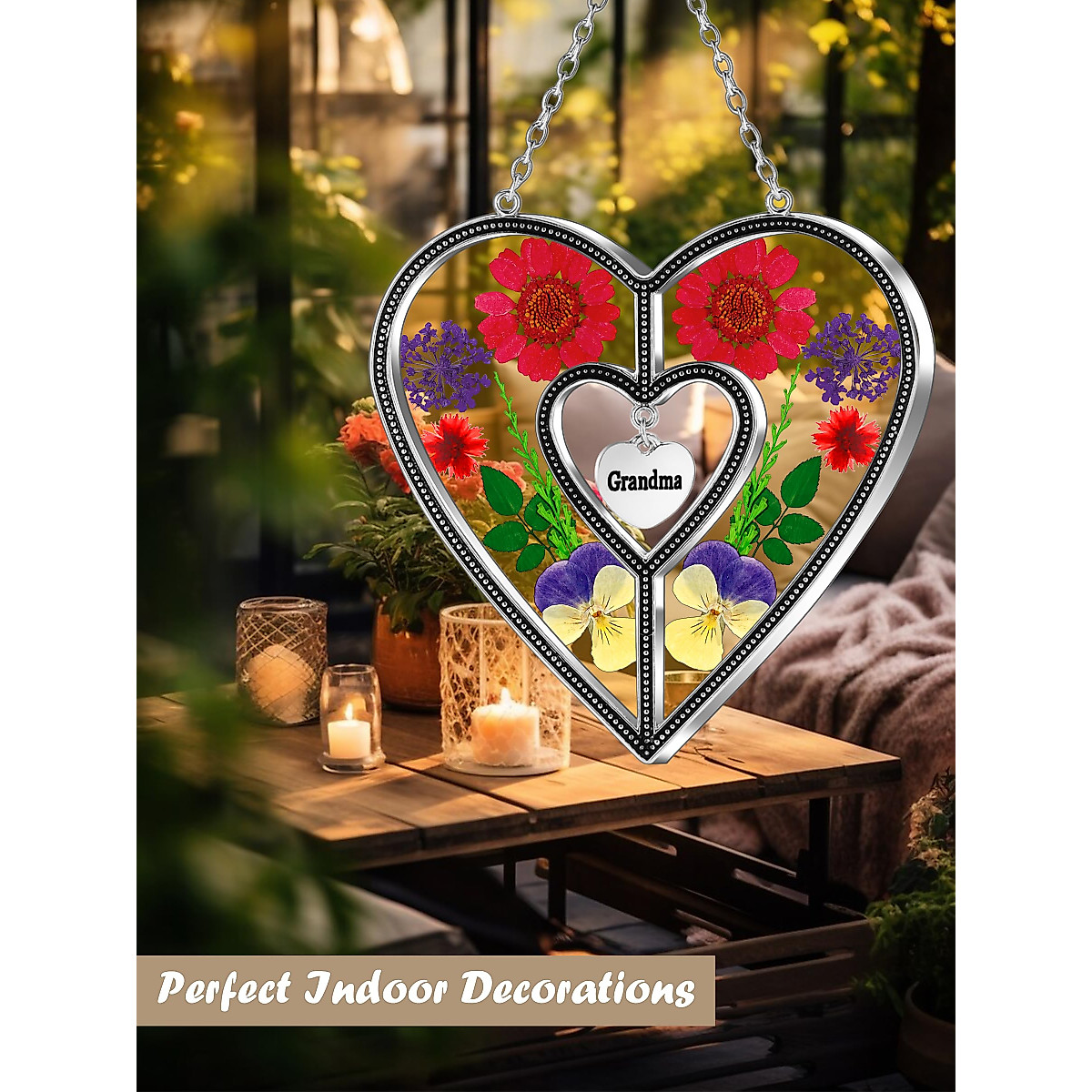 KY&BOSAM Heart Suncatchers Grandma Gift Ornament Stained Glass Sun Catcher Garden hangings Windows with Pressed Flower Heart Embedded in Glass Gifts for Grandma Mother`s Day Birthday Gifts