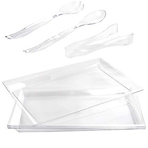 WELLIFE 24 Pack Plastic Serving Trays with Disposable Utensils, 6 Asymmetric Rectangle Platters 15”x 10”, 6 Serving Spoons 10”, 6 Serving Forks 10”, 6 Serving Tongs 6.3”, Perfect for Buffet
