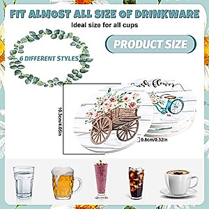 Whaline Spring Coasters 6 Pack Rustic Farmhouse Drink Coaster Truck Floral Flower Ceramic Coaster Cup Mat for Mugs Cups Home Kitchen Party Supplies, 4.1 x 0.3 Inch