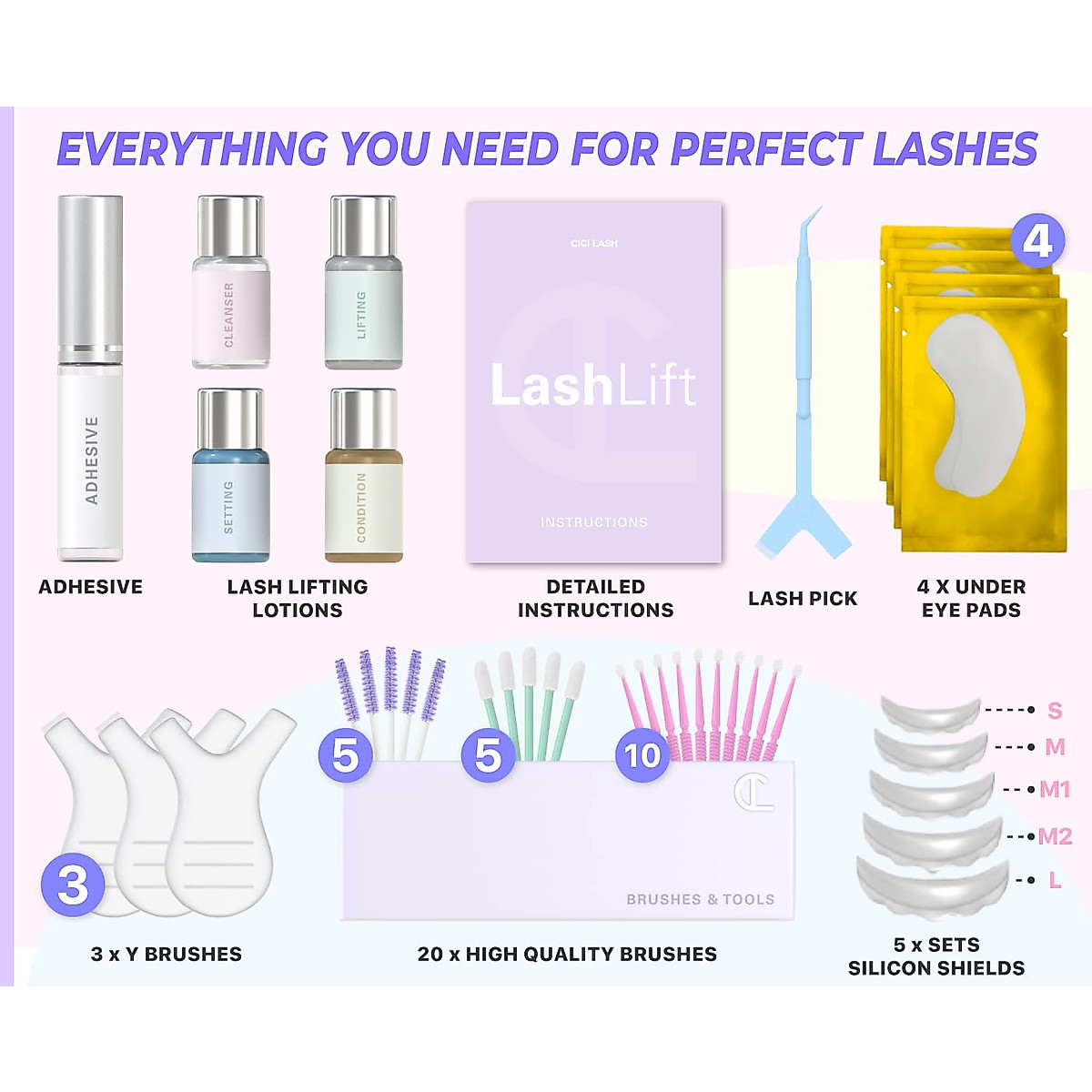 Lash Lift Kit with Keratin by Cici | Instant Perming, Lifting & Curling for Eyelashes | Long Lasting Professional Salon Results for a Supermodel Look | Includes Glue, Supplies and Expert Instructions