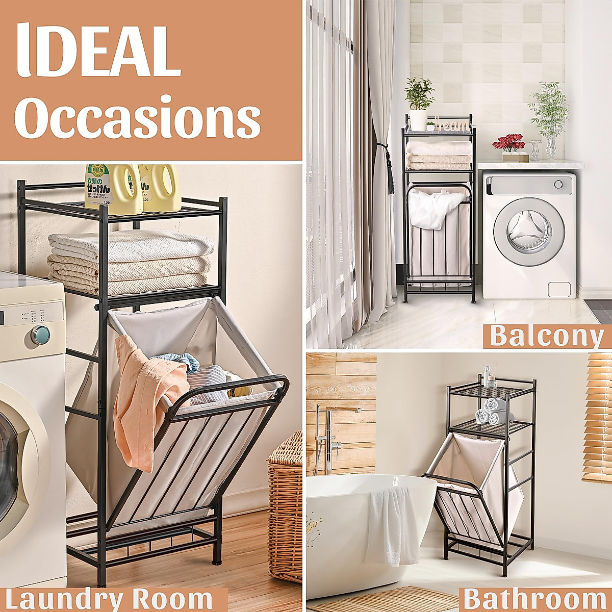 PLKOW Tilt Out Laundry Hamper with Shelf, Laundry Basket Laundry Hamper Cabinet with Removable Liner Bag, 65 Liter, 15.8L x 15.8W x 40H Inch