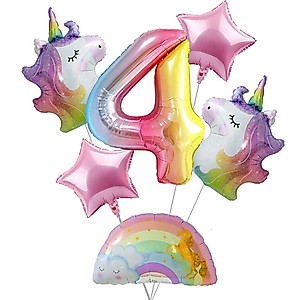 Unicorn Birthday Decorations for Girls 4th Birthday- Bouquet of Unicorn Balloons for Rainbow Unicorn Party Supplies (Number 4)