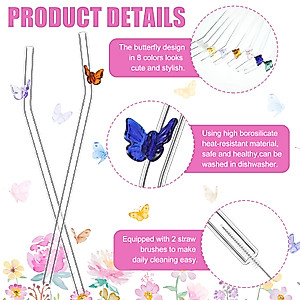 8 Pcs Glass Straws with Butterflies 8 mm x 7.9 Reusable Glass Straws Colorful Glass Butterfly Straws Shatter Resistant Bent Drinking Straws with 2 Cleaning Brushes for Smoothie Juice Beverages