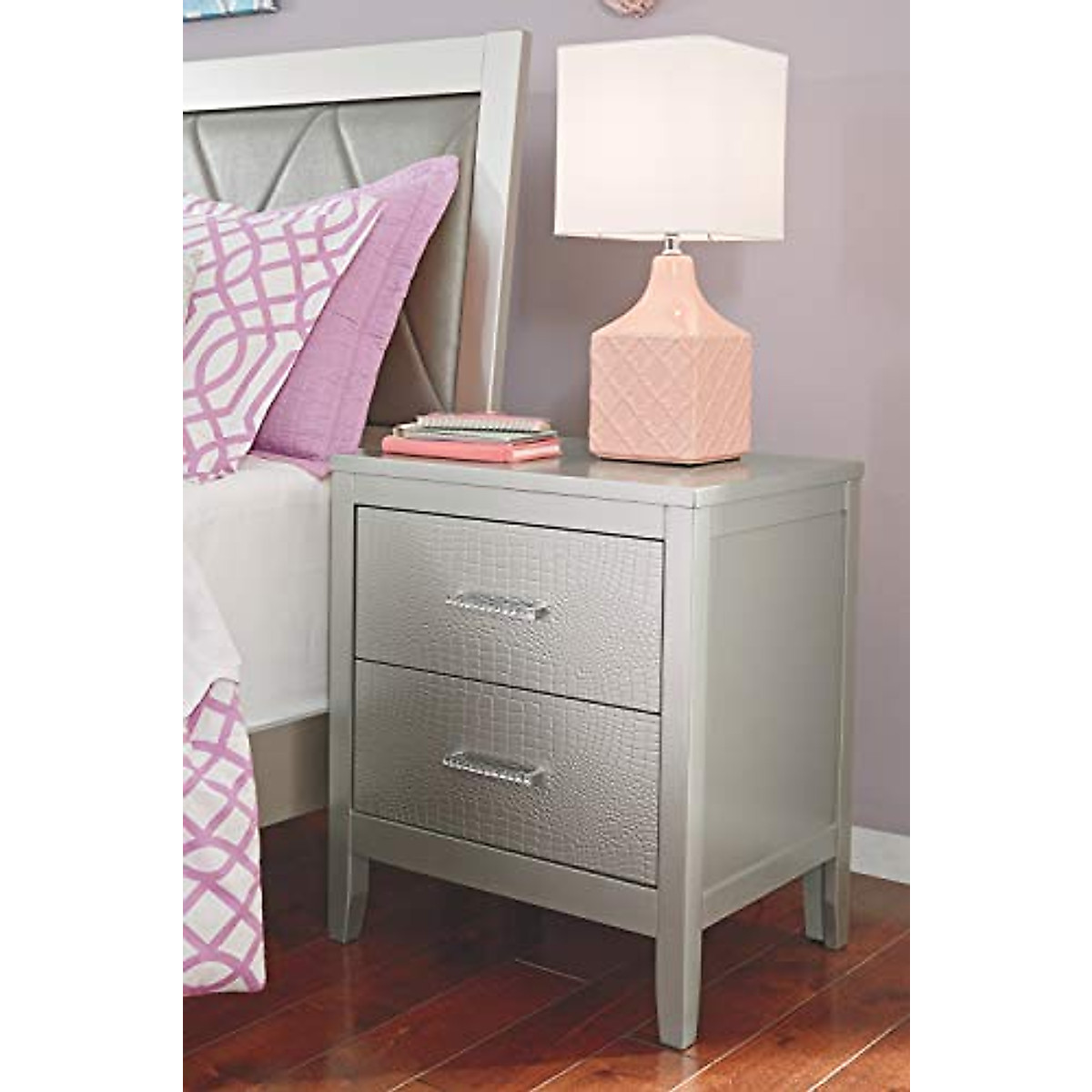 Signature Design by Ashley Olivet Glam 2 Drawer Nightstand with Faux Shagreen Drawer Fronts, Silver