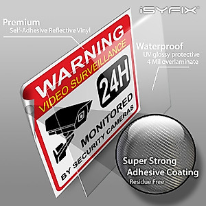 iSYFIX Video Surveillance Warning Sign Sticker - 4 Pack 7x6 inch - CCTV Security Premium Self-Adhesive Reflective Vinyl, Laminated for Ultimate UV Protection, Water & Fade Resistance, Indoor & Outdoor
