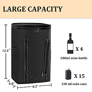 Vina 4 Bottle Wine Carrier - Travel Insulated Wine Carrying Case Cooler Tote Bag with Detachable Divider and Strong Handle, Great for Picnic, Beach Days,Party, Black