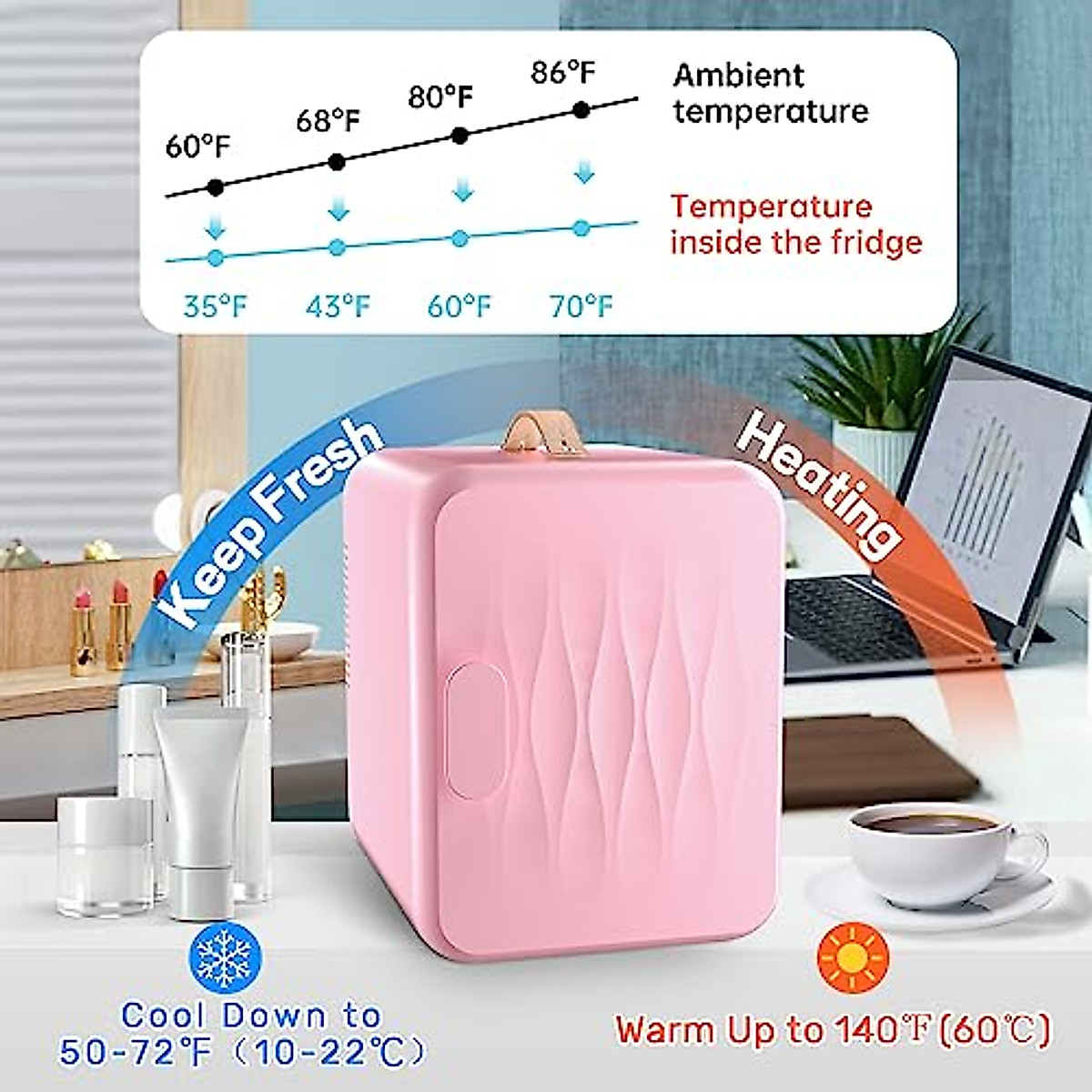 Aidek Cosmetic Makeup Mini Fridge for Skin Care, 4L Portable Beauty Fridges DIY Shelves for Bedroom, Dorm, Office, Small Refrigerator, AC/DC12v Car Cooler for Desktop and Travel (Rose Pink)