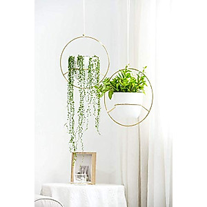 Mkono Boho Hanging Planter, Set of 2 Round Metal Plant Hanger with Plastic Plant Pot, Modern Wall and Ceiling Planter Mid Century Flower Pot Holder, Fits 6 Inch Planter (Pots Included), Gold