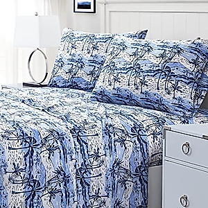 Tommy Hilfiger Palm Scene Printed Set of 3 Sheet Set - 1 Flat Sheet, 1 Fitted Sheet & 1 Pillowcase, Twin/TXL Size, Cotton (Blue)