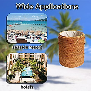 HQT Rattan Laundry Hampers, Premium Honey Brown Round Hand Woven Rattan Hamper, Waste Basket with Cotton Liner, Lid and Handle for Bedroom Living Room Bathroom Basket for Dry and Organic Waste