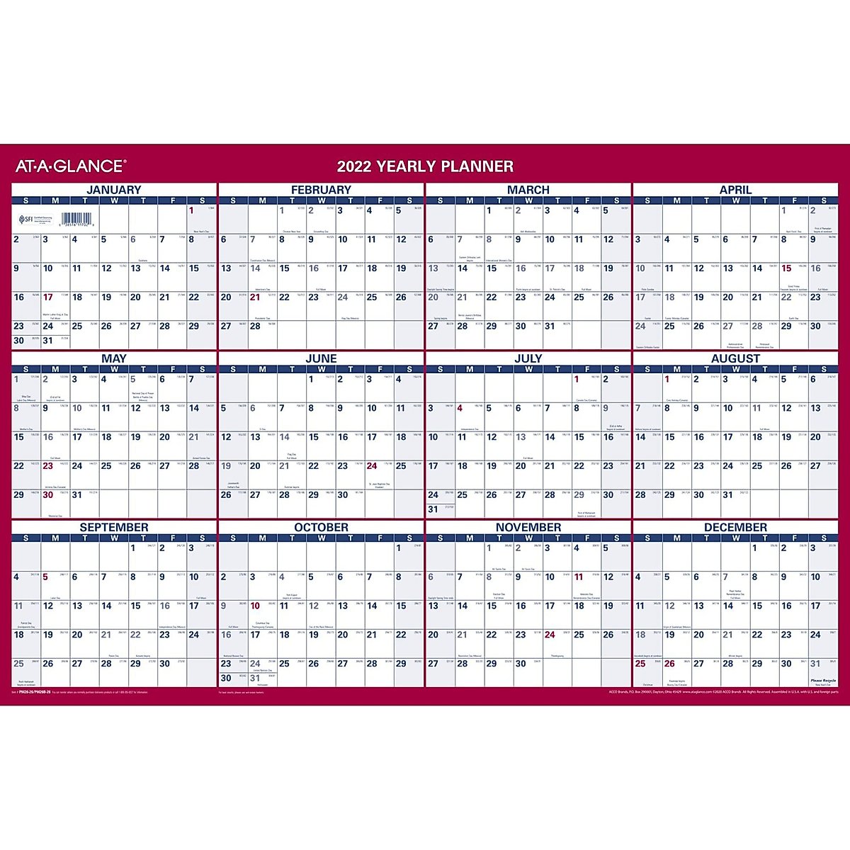 2022 Erasable Calendar, Dry Erase Wall Planner by AT-A-GLANCE, 36" x 24", Large, Vertical/Horizontal, Reversible, Includes Marker (PM2628)