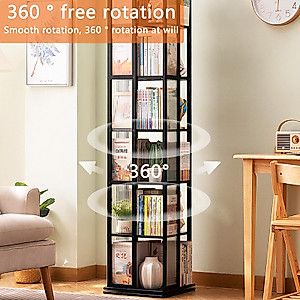 wrdela Rotating Bookshelf, 360 Display Corner Bookshelf for Small Space, 6 Tier Floor Standing Bookcase Storage Rack, Bamboo Narrow Organizer for Kid’s Playroom, Bedroom and Living Room (Black)