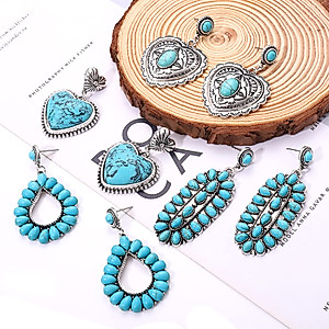 GLBCC Turquoise Earrings for Women Boho Statement Turquoise Heart Teardrop Dangle Earrings Western Country Leaf Earrings Vintage Native American Summer Beach Earrings Jewelry Accessories