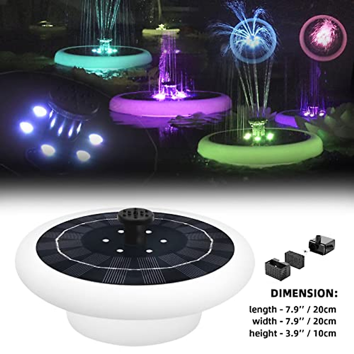 Solar Fountain Pump with LED Lights, Solar Powered Water Fountain Pump with 6 Nozzles, Solar Bird Bath Floating Fountain for Ponds, Garden, Fish Tank, Outdoor and Aquarium(Not Working while Charging)