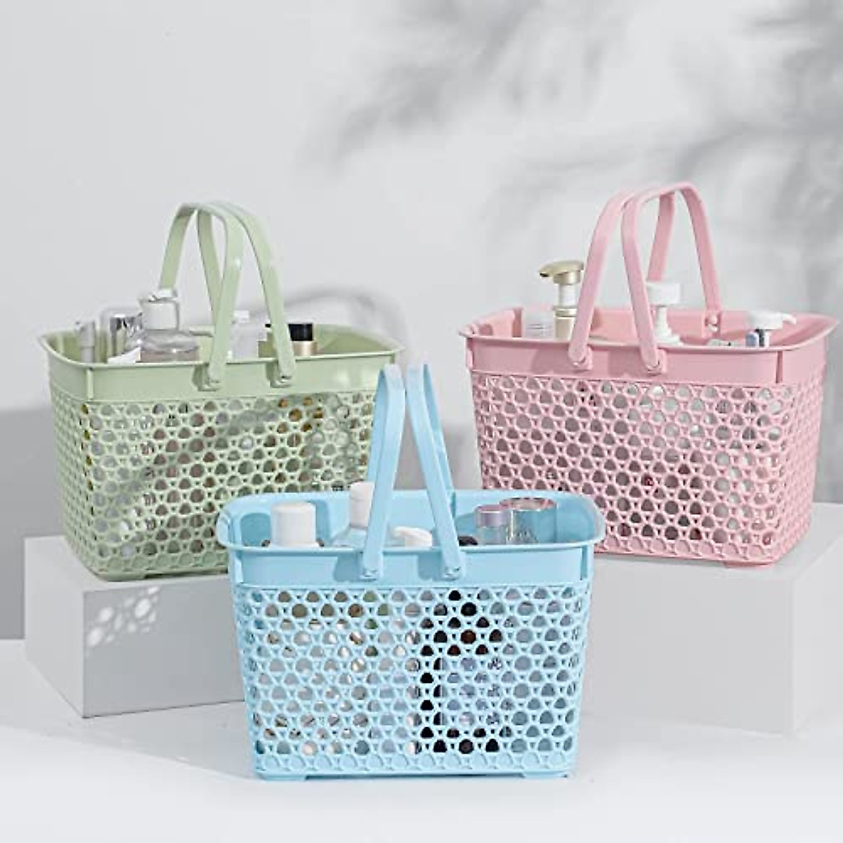 Anyoifax 2 Pack Portable Shower Caddy Tote, Plastic Storage Basket with Handle Bath Organizer Bin for Bathroom, Pantry, Kitchen, College Dorm, Set of 2, Blue & Green