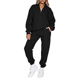 Aleumdr Womens 2 Piece Sweatsuit Sets 2023 Fall Trendy Half Zip Pullover Long Sleeve Sweatshirt Jogger Pants Outfits with Pockets Black Large