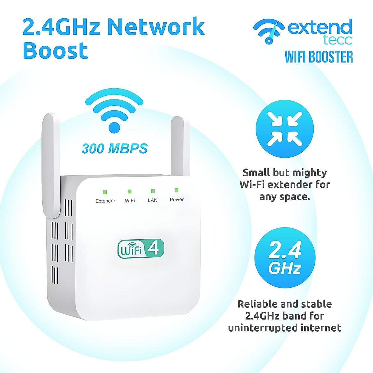 Extendtecc WiFi Booster Wireless WiFi Extender Signal Booster 300Mbps, WiFi Repeater Wireless Signal Booster 2.4 GHz Dual Band 4 Antennas 360° Full Coverage Internet Extender
