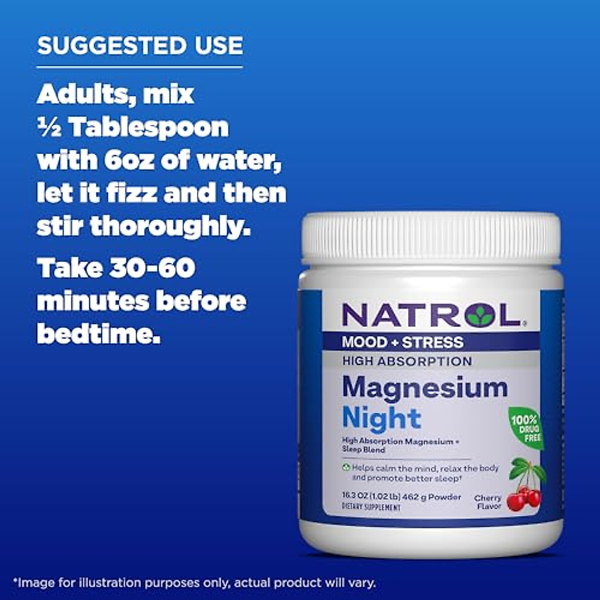 Natrol Mood + Stress High Absorption Night Magnesium Carbonate and Magnesium Glycinate 325mg with a Blend of Glycine, GABA, Lemon Balm and Melatonin, 16.3 OZ Cherry-Flavored Powder, 60 Day Supply