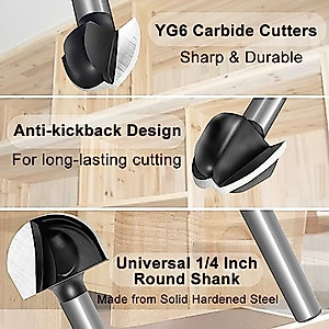 ASNOMY 6pcs Core Box Router Bit 1/4 Inch Shank Round Nose Cove Box Router Bits-1/4" 5/16" 1/2" 5/8" 3/4" 7/8" Cutting Diameter Solid Carbide Core Box Round Nose Router Bits