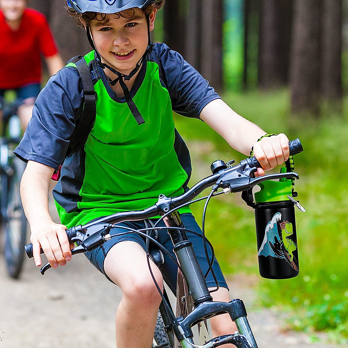 Dinosaur Water Bottle, 14 OZ, Leak Proof, 36 Hours Cold, Dishwasher Safe Lid, Removable Handle, Wide Mouth Double Wall Vacuum Insulated Stainless Steel Water Bottle For School, Straw, Bottle For Boys