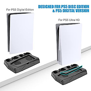 Cooling Station for Playstation 5 Console, Charing Station for PS5 Digital Edition/PS5 Ultra HD, Cooling Fan Stand with Dual Controller Charging Docks