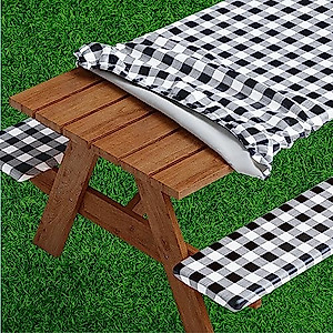 Picnic Table cover With Bench Covers -Fitted With Elastic, Vinyl With Flannel Back, Fits For Table 28"x 72" Rectangle,Water Proof, Checked Black Design, by SORFEY