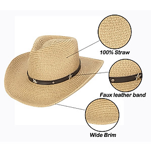Straw Cowboy Cowgirl Hat for Men Women Wide Brim Sun Hat Western Style with String Khaki