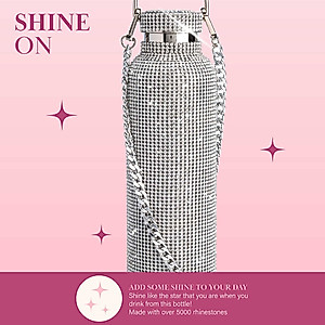 Paris Hilton Diamond Bling Water Bottle With Lid And Removable Carrying Strap, Stainless Steel Vacuum Insulated, Bedazzled With Over 5000 Rhinestones, 25-Ounce, Silver