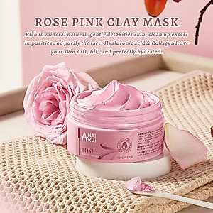 ANAI RUI Rose Clay Facial Mask, with Kaolin Pink Clay, Niacinamide, Collagen, Hyaluronic Acid Moisturizing. Pores Minimizers, Blackhead Remover, 4.23 Oz