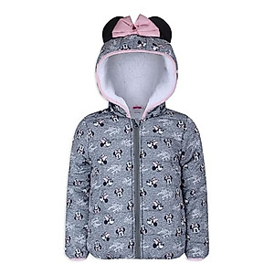 Disney Girl's Minnie Mouse Print Hooded Puffer Jacket with Ears and Pink Bow, Grey, Size 5