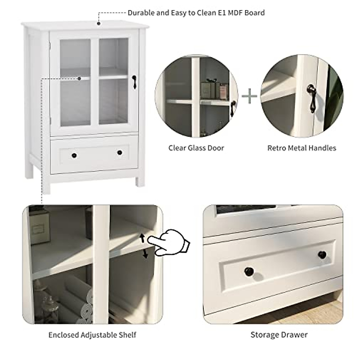 Knocbel Modern Storage Cabinet with Metal Handles, Single Glass Door, Compartments and Drawer, Buffet Sideboard for Kitchen Dining Room Hallway Entryway, 22" L x 14.4" W x 31.7" H (White)