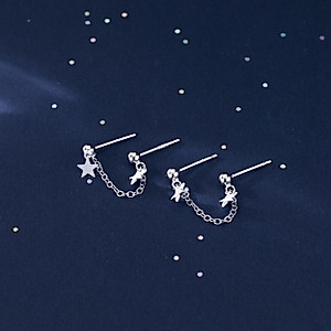Reffeer 925 Sterling Silver Two Piercing Cute Ball Star Stud Chain Earrings Climber Ball Star Cuff Earrings Helix for Women Teen (Silver)