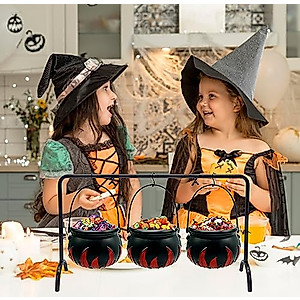 Ahzemepinyo Halloween Witches Cauldron Serving Bowls with Hangers On the Rack 3 Pieces Black Plastic Candy Bucket Cauldron with Cauldron Rack Hanging Stand for Halloween Party Decorations