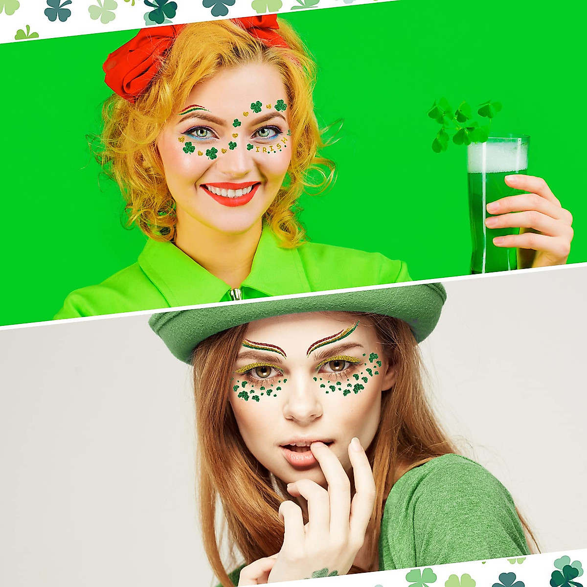 117 Pcs St. Patrick's Day Glitter Face Tattoos Green Face Jewelry Tattoos Temporary Face Jewelry Three Leaf Glitter Shamrock Clover for St. Patrick's Day Party Accessory, 33 Sheets