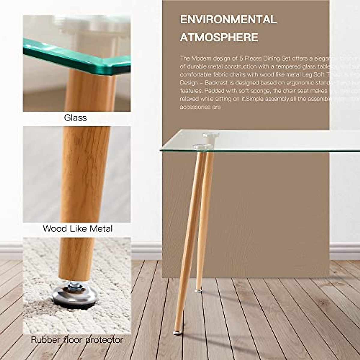 Glass Dining Table Rectangle - Glass Top Dining Room Table, Modern Clear Kitchen Table with Wooden Metal Leg, Rectangular Dining Table for 2 or 4 for Small Spaces Apartment Kitchen or Dining Room