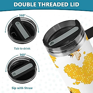 pnyoin Honey Bee Yellow Insulated Tumblers With Handle And Straw 30 oz Stainless Steel Tumbler Cups With Lid Leakproof BPA-Free Water Bottle,Cup Holder Compatible for Travel